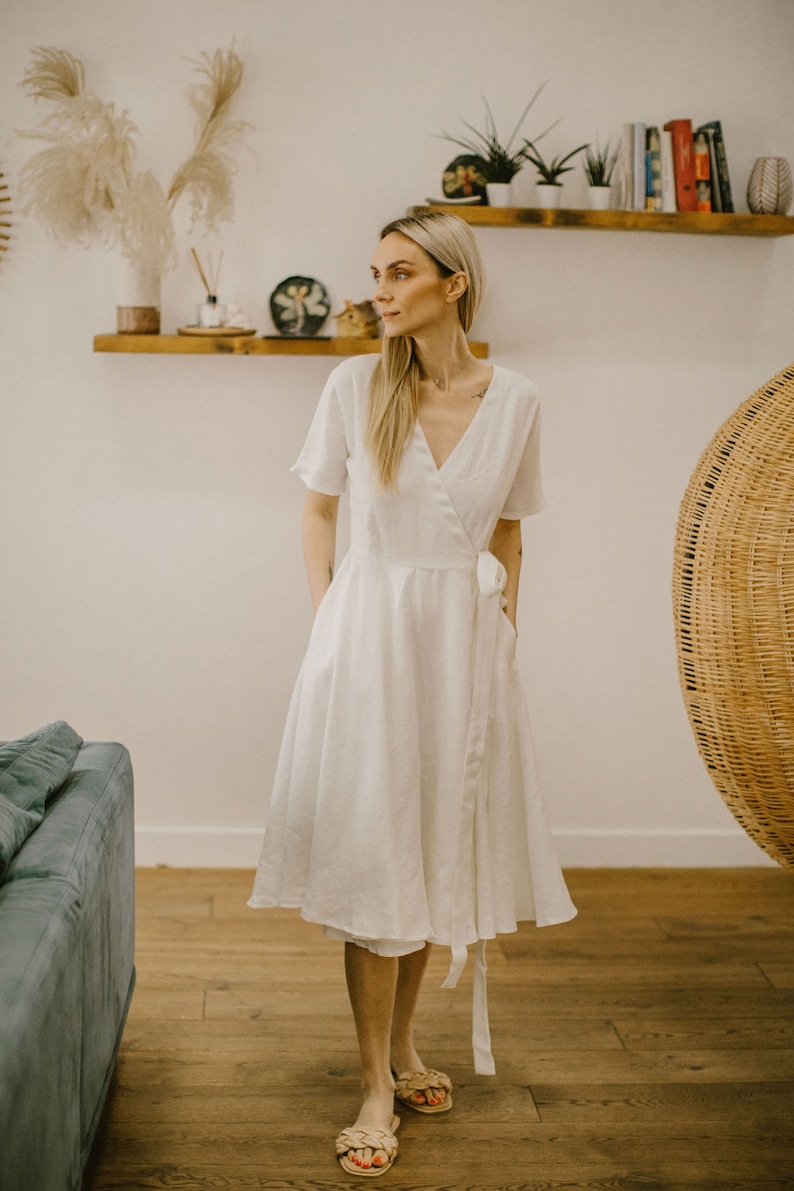 Linen Wrap Dress CLEO, Kimono Robe Style Wrap Midi Dress, Linen ...