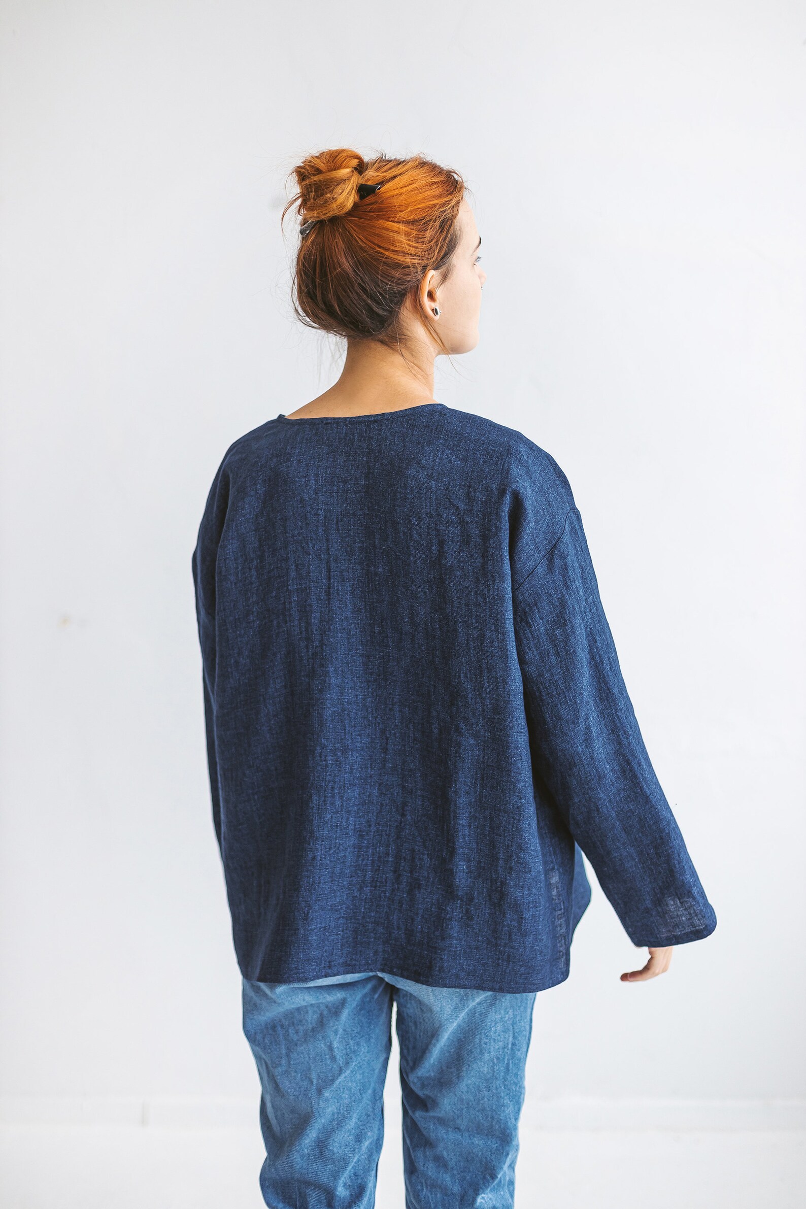 100% Organic Linen Cardigan for Women, Jacket With Buttons in Denim ...