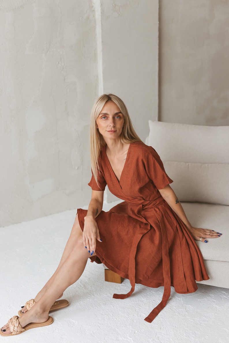 Womens Wrap Linen Dress CLEO, Kimono Robe Style Wrap Midi Dress, Linen ...