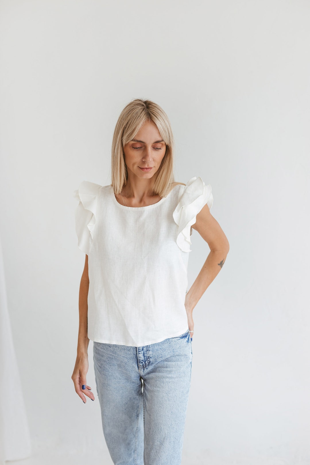 Linen Ruffle Blouse With Short Sleeves, Womens Linen Top With Shoulder ...