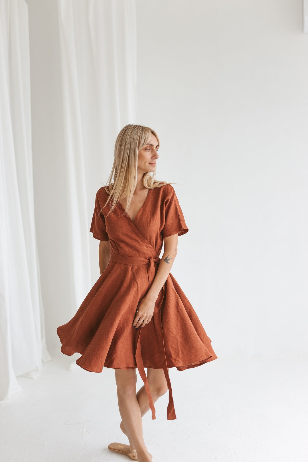 Womens Wrap Linen Dress CLEO, Kimono Robe Style Wrap Midi Dress, Linen ...