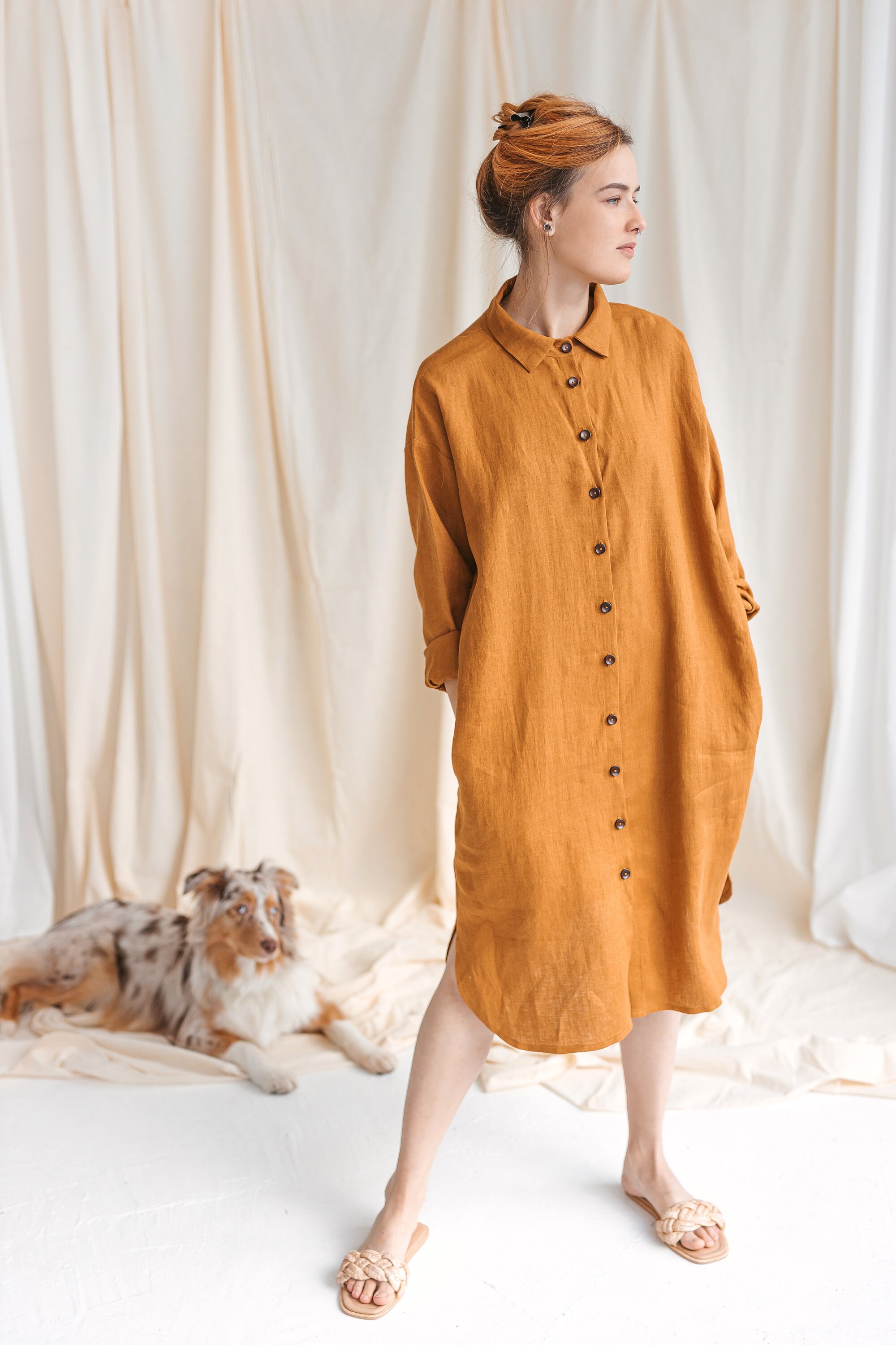 Plus Size Linen Dress With Long Sleeves ELISE Long Button - Etsy