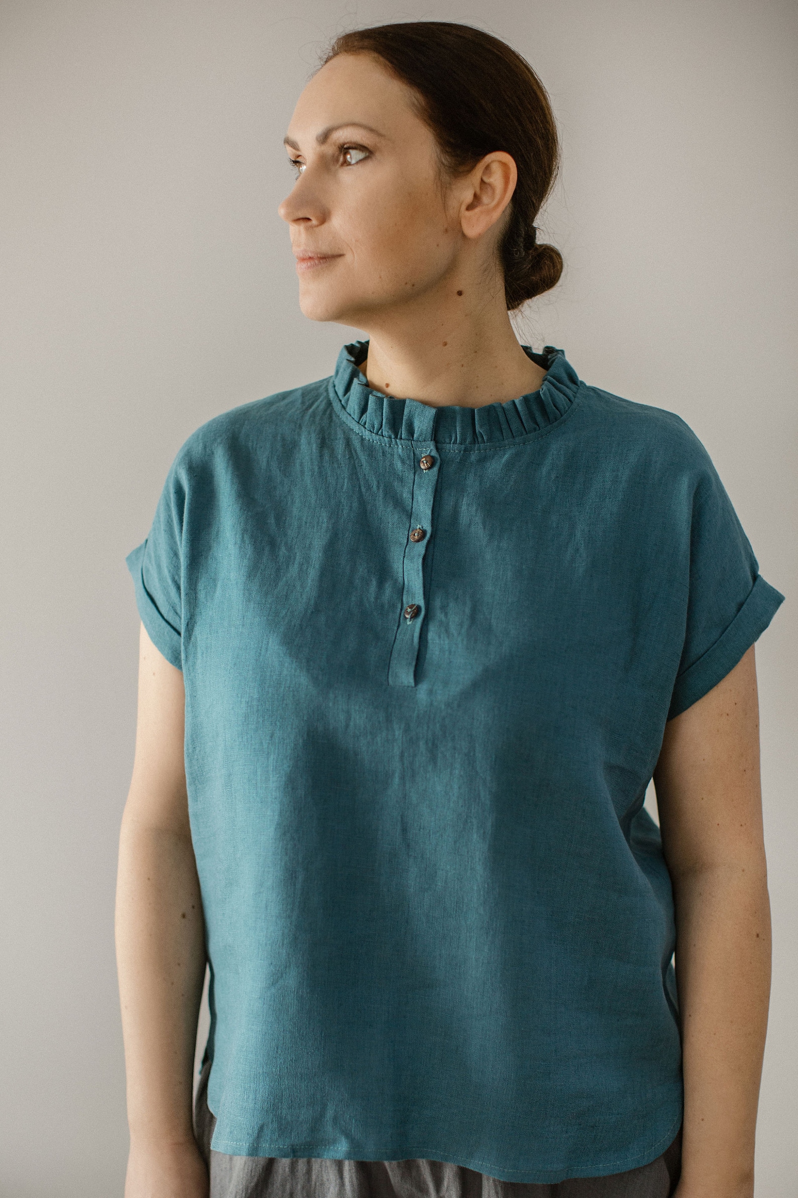 Linen Popover Shirt RUTH Short Sleeve Collarless Linen Shirt - Etsy