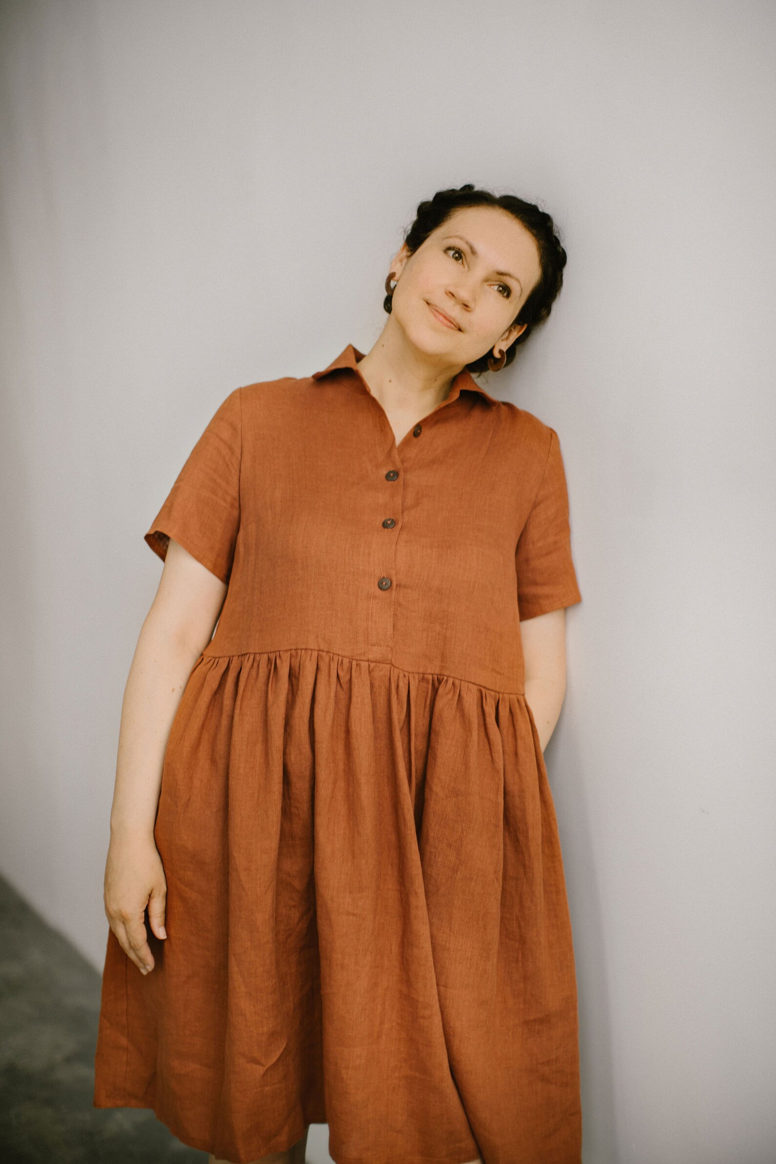Linen Plus Size Dress MARTA, Button up Linen Midi Dress With Short ...
