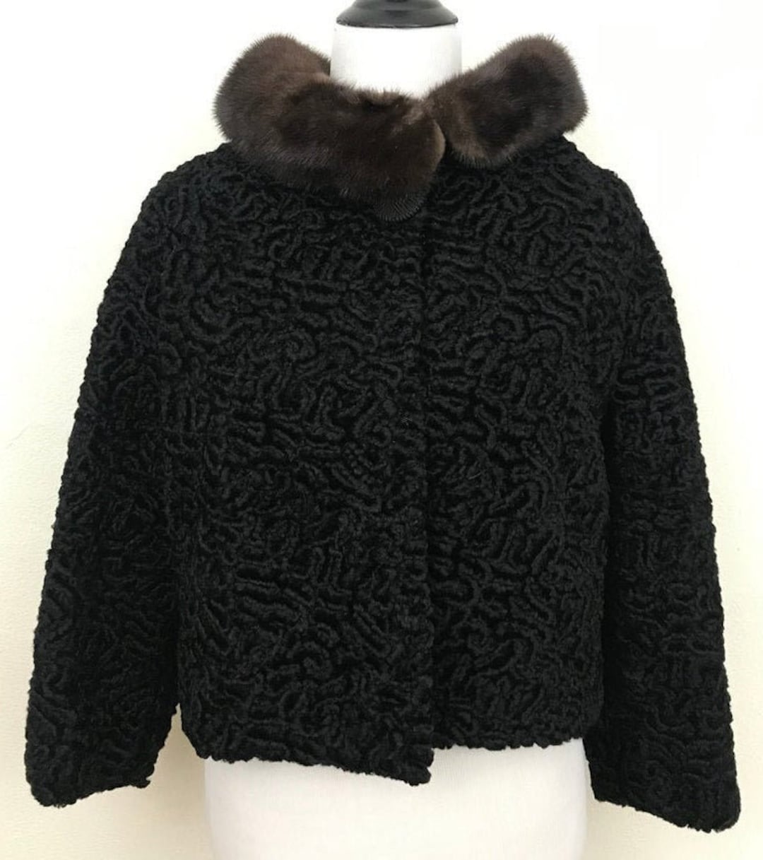 Women's Vintage 19s Style Black Curly Persian Lamb Fur Coat With Mink ...