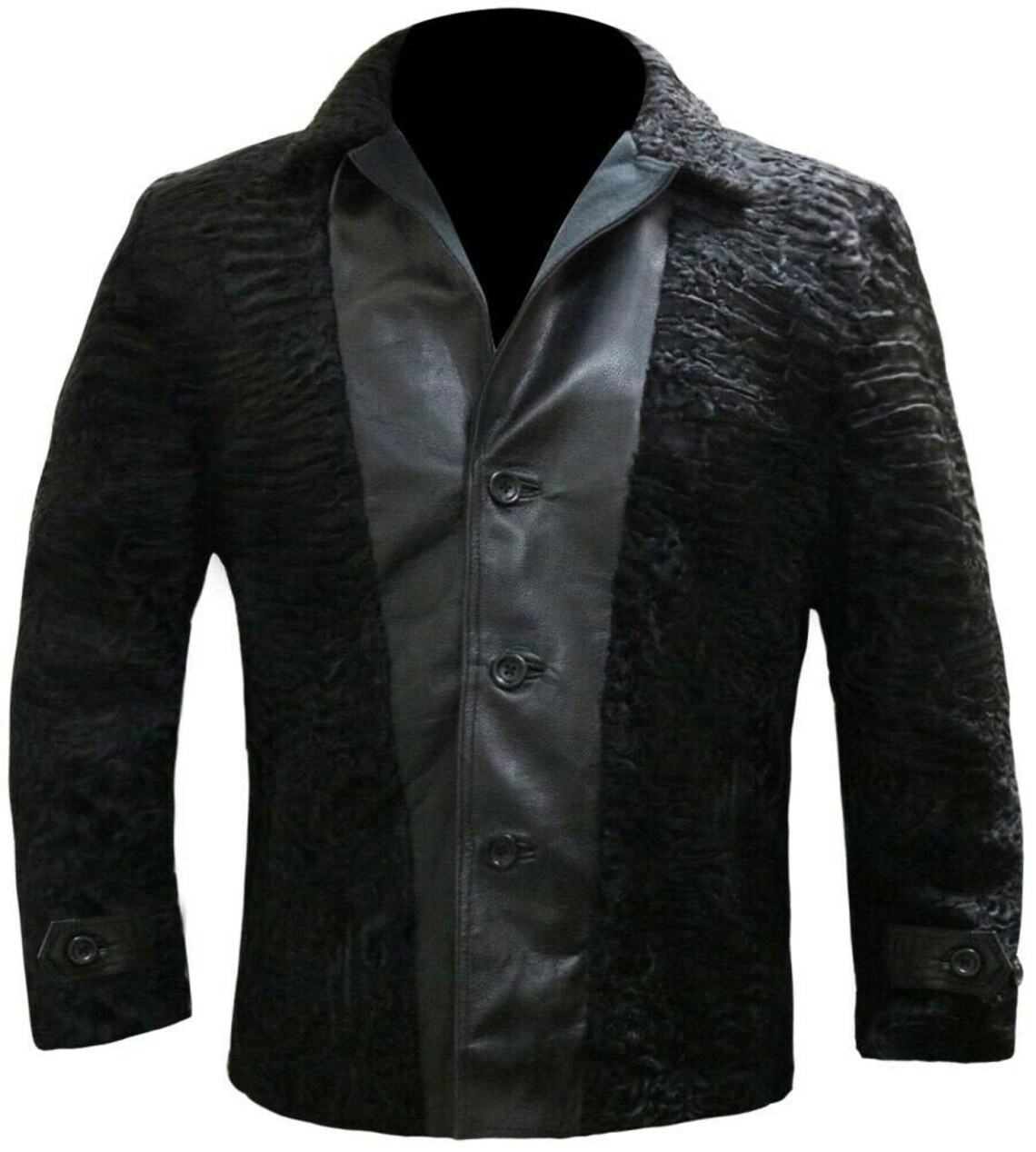 Men's Persian Lamb Black Coat, Persian Black Jacket,with Front Leather ...