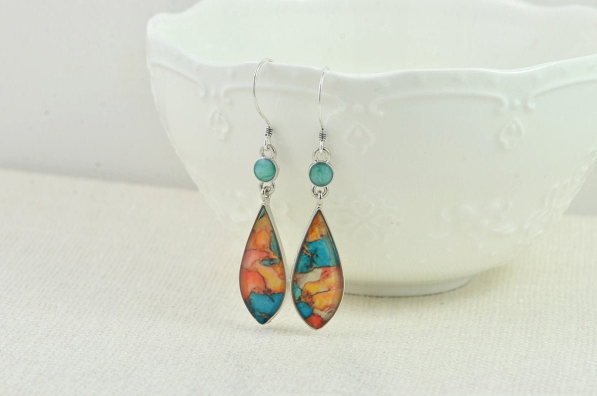 Sterling Silver Turquoise Long Dangle Earrings Long Cabochon - Etsy ...