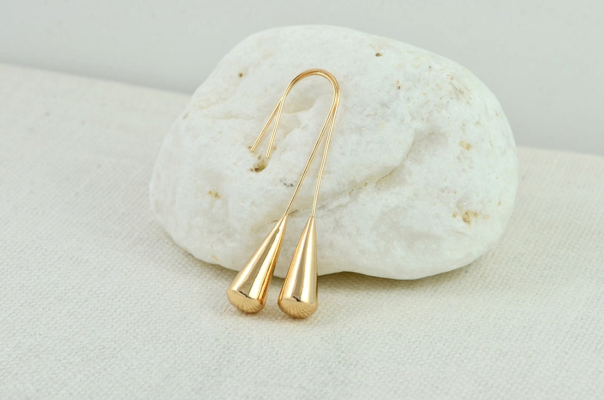 Long Dangle Light Gold Earrings, Simple Gold Drop Earrings, Teardrop ...