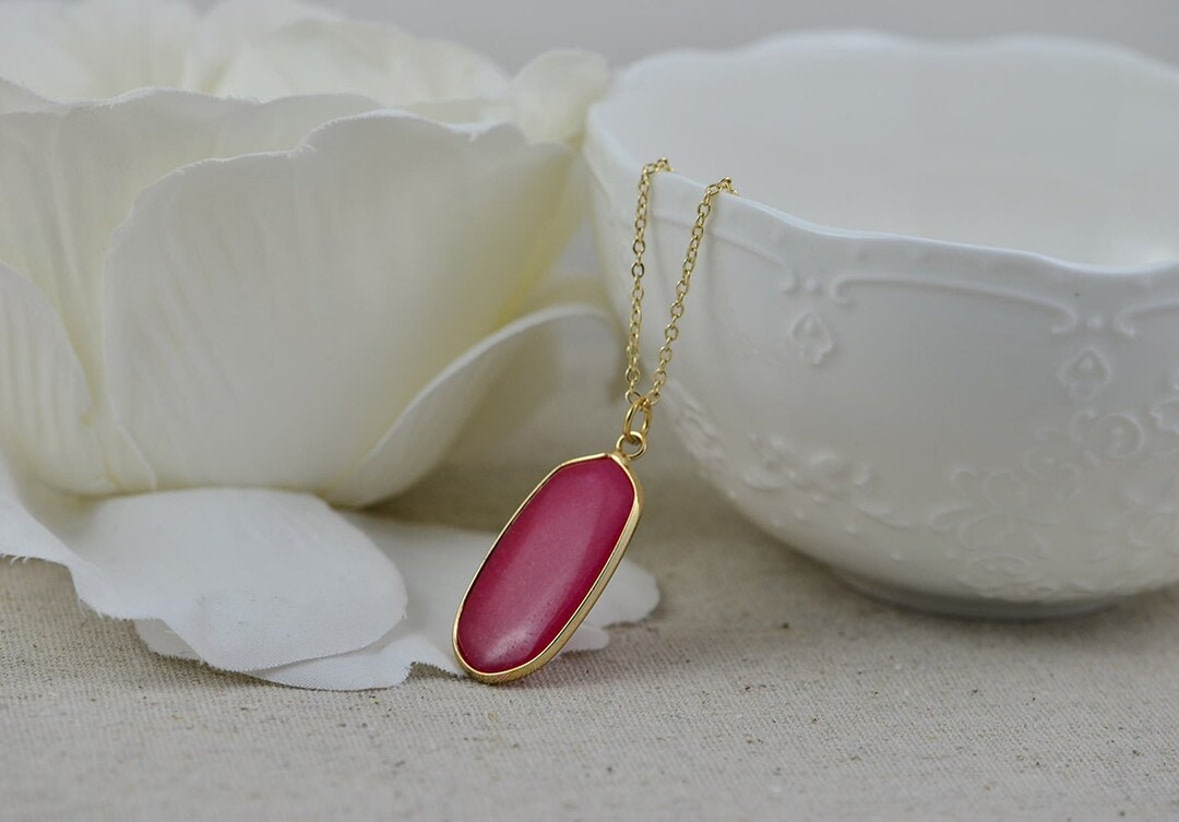 Fuchsia Gemstone Necklace, Purple Stone Gold Necklace, Pink Jade ...