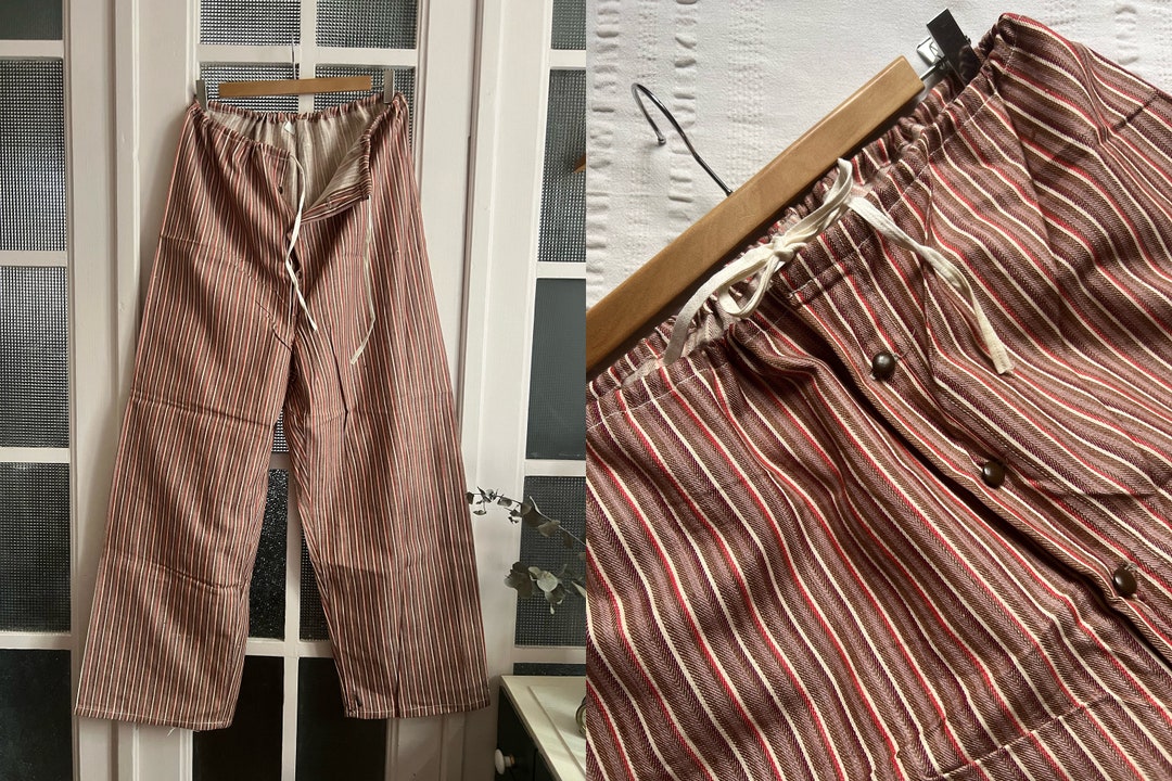 Vintage French Flannel Drawstring Pant Cotton Stripe Pyjamas Pajamas ...