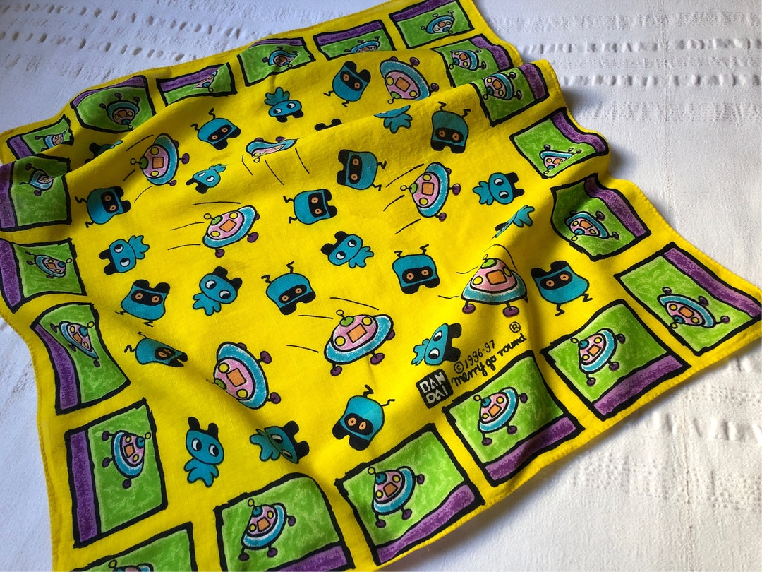 Vintage Bandana BANDAI UFO ALIEN Space Ship Colorful Cartoon Folk Print ...