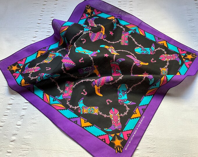 Vintage Bandana Cowboy Boots Horseshoes Texas Folk Print Cotton Scarf ...