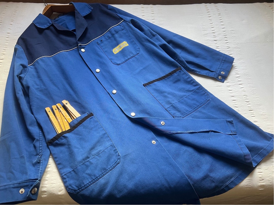 Vintage Two Tone Artist Smock Chore Coat Duster Shop Long Work Jacket ...