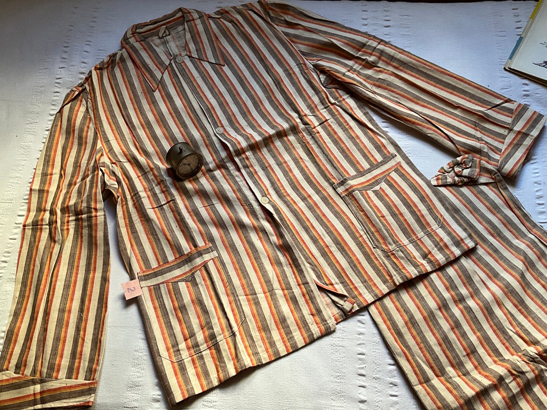 Vintage Brushed Flannel Cotton Striped Pyjamas Set Pajamas Jacket Pjs ...