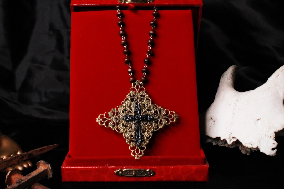Dark Redemption Bronze Filigree, Vintage Rosary Cross, Wooden Beads - Etsy