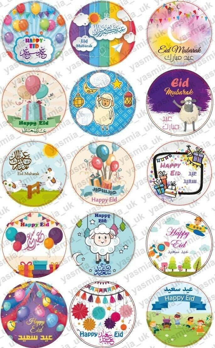30 Eid Mubarak Round Shape Stickers FOR KIDS Eid Decoration Gift Cake ...