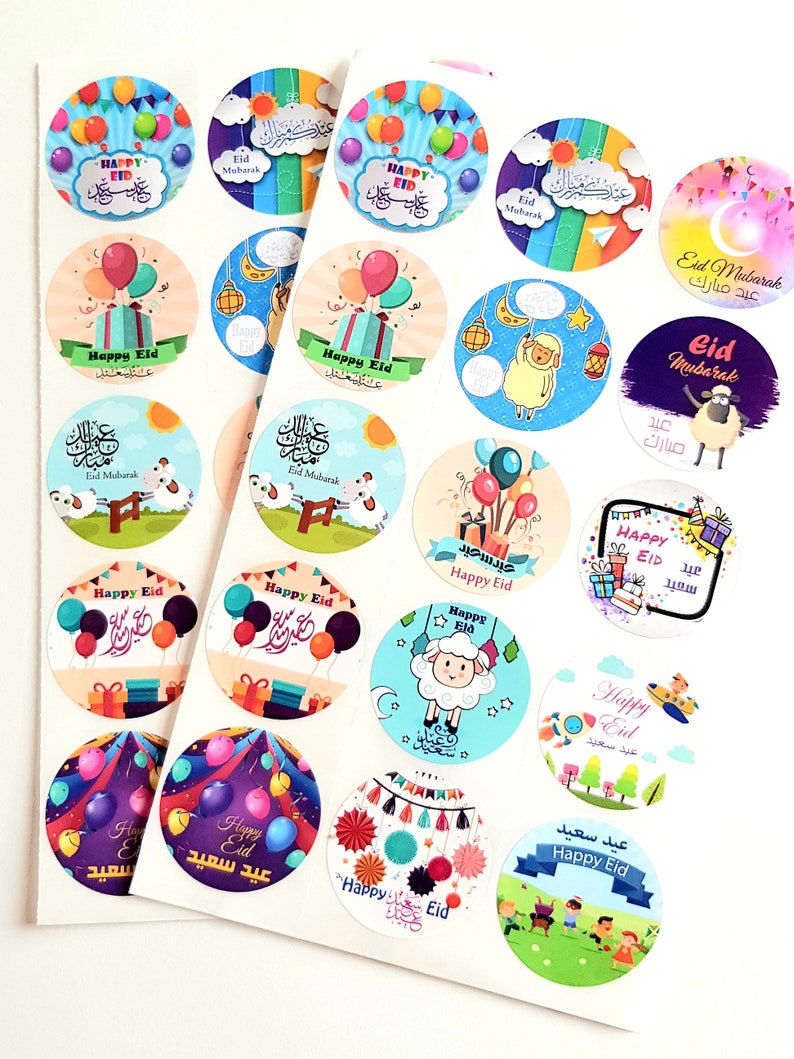 30 Eid Mubarak Round Shape Stickers FOR KIDS Eid Decoration Gift Cake ...