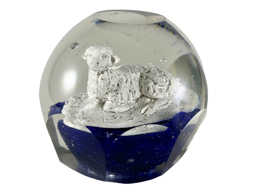 Antique Bohemian Art Glass Paperweight Sulphide Sheep Faceted Blue ...