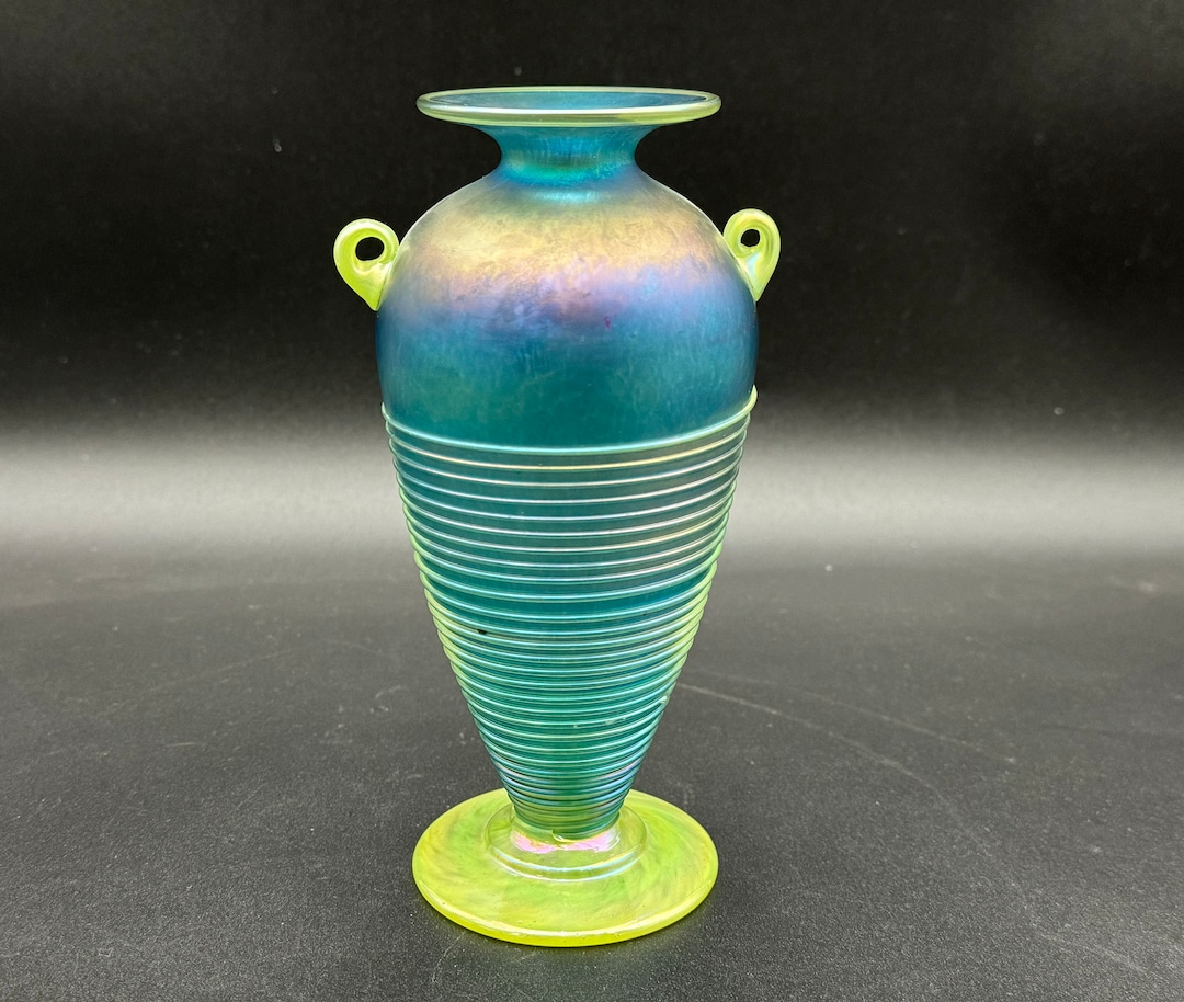 Igor Muller Czech Art Glass Iridescent Blue Green Applied Thread Vase ...
