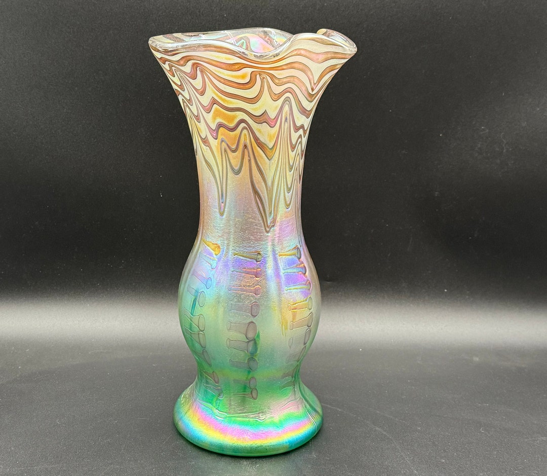 Igor Muller Czech Art Glass Iridescent Waves Green Vase Signed 12” H - Etsy