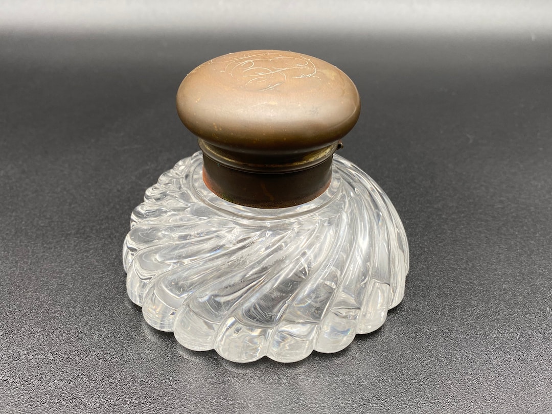 Antique Glass Brass Inkwell Baccarat Style Swirl Design W/ Monogram 3 ...