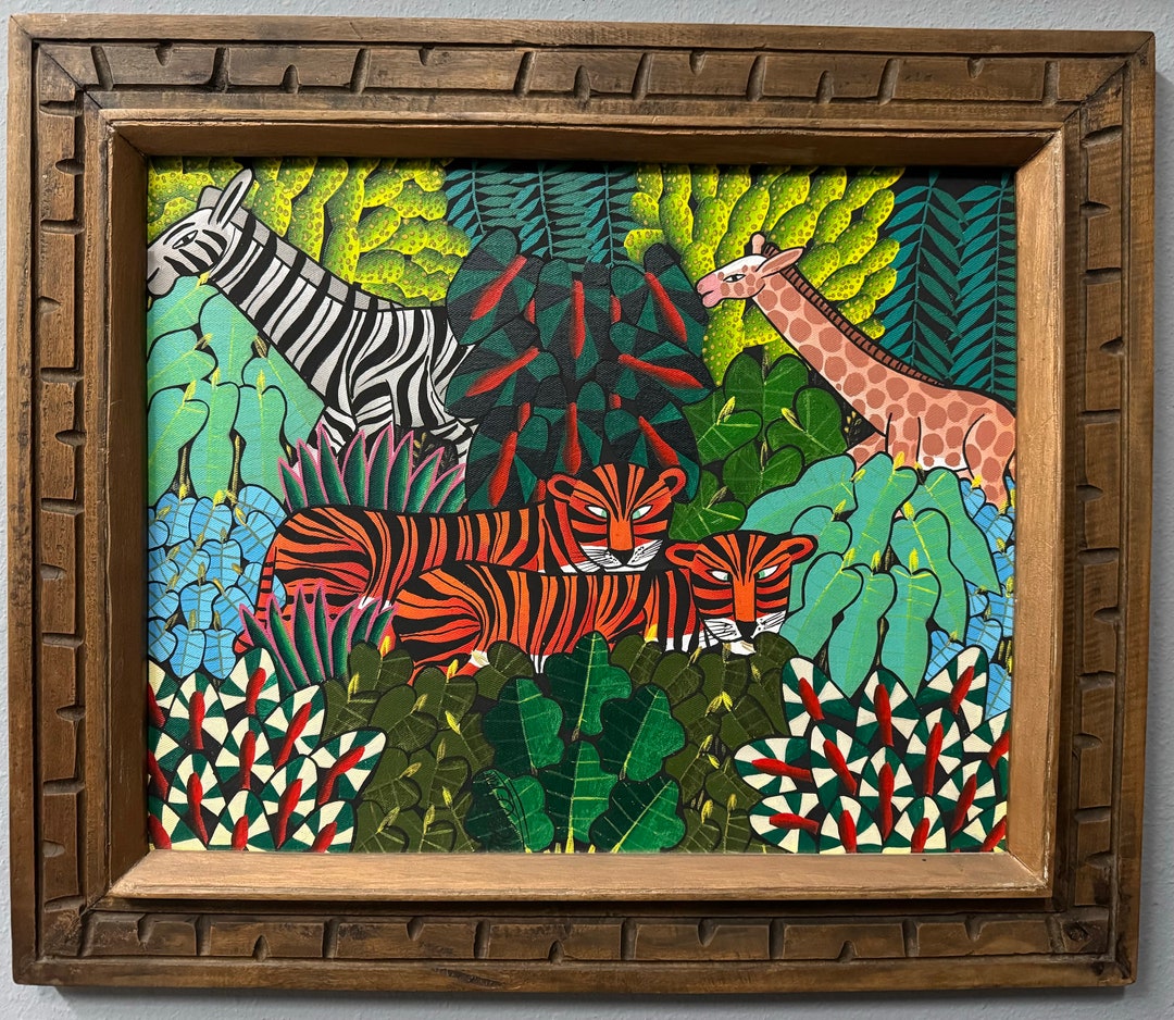 Fritz St Jean Haitian Colorful Jungle Zebra Tiger Giraffe Oil Painting ...