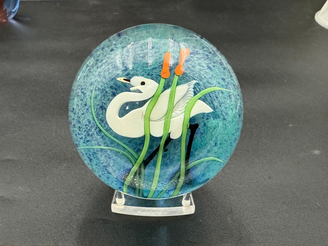 1981 Orient & Flume Art Glass White Egret Heron Bird Cattails Plant ...