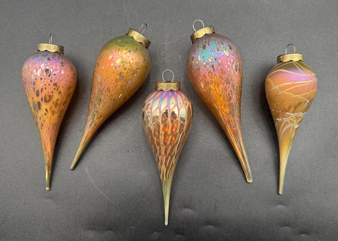 Set of 5 Craig Zweifel Art Glass Christmas Iridescent Teardrop ...
