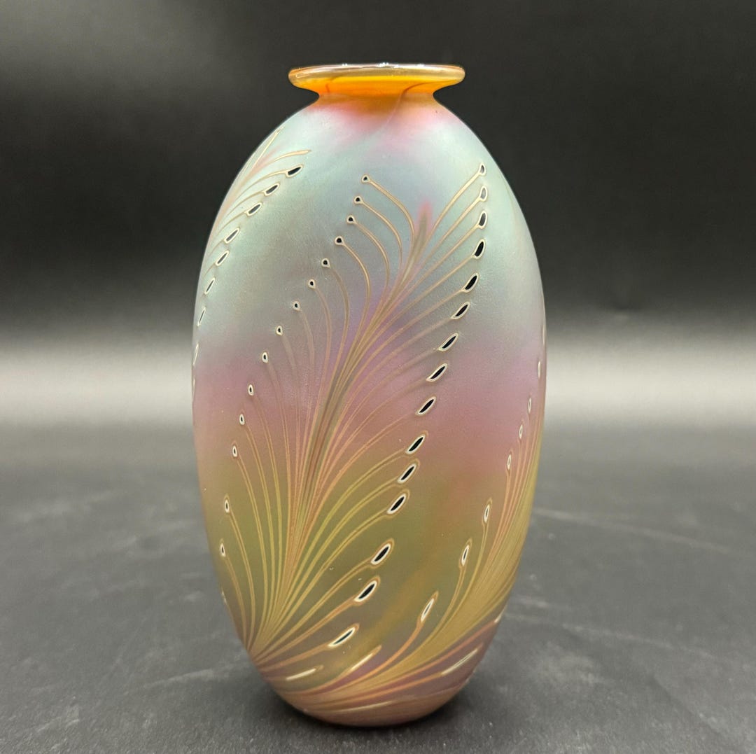 Craig Zweifel Art Glass Iridescent Peacock Feather Vase Signed Stunning ...