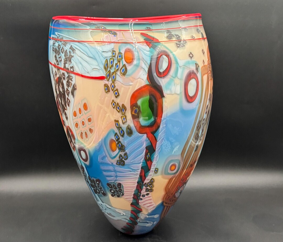 Wes Hunting Art Glass Abstract Murrine Patchwork Large Vase Signed 16 ...