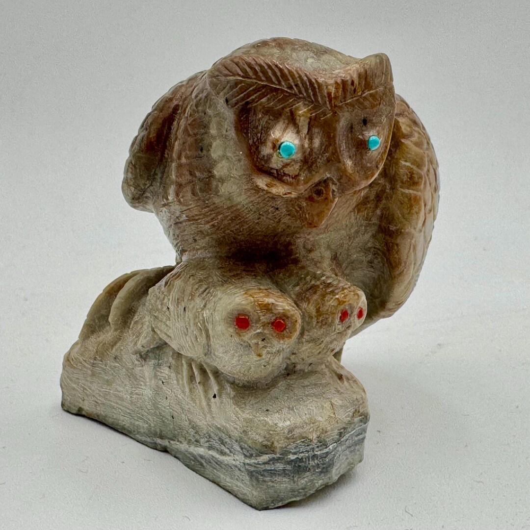 Derrick Kaamasee Zuni Carved Picasso Marble Owl W Owlets Fetish ...
