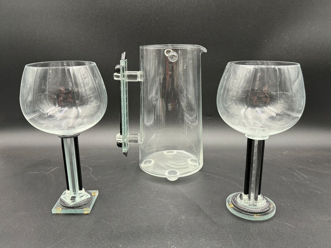 Set of 3 George Ponzini Art Glass Deco Style Pitcher & Wine Glass ...