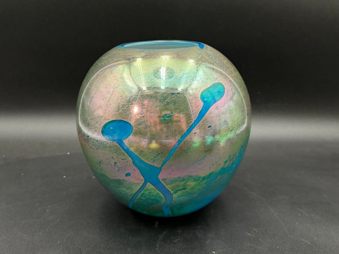 Bruce Freund Art Glass Blue Iridescent Vase Signed 7 1/2” H - Etsy