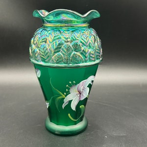 Fenton Glass Hand Painted Designer Showcase Series Emeral Green Floral Vase 8 1/4” H Signed - Etsy