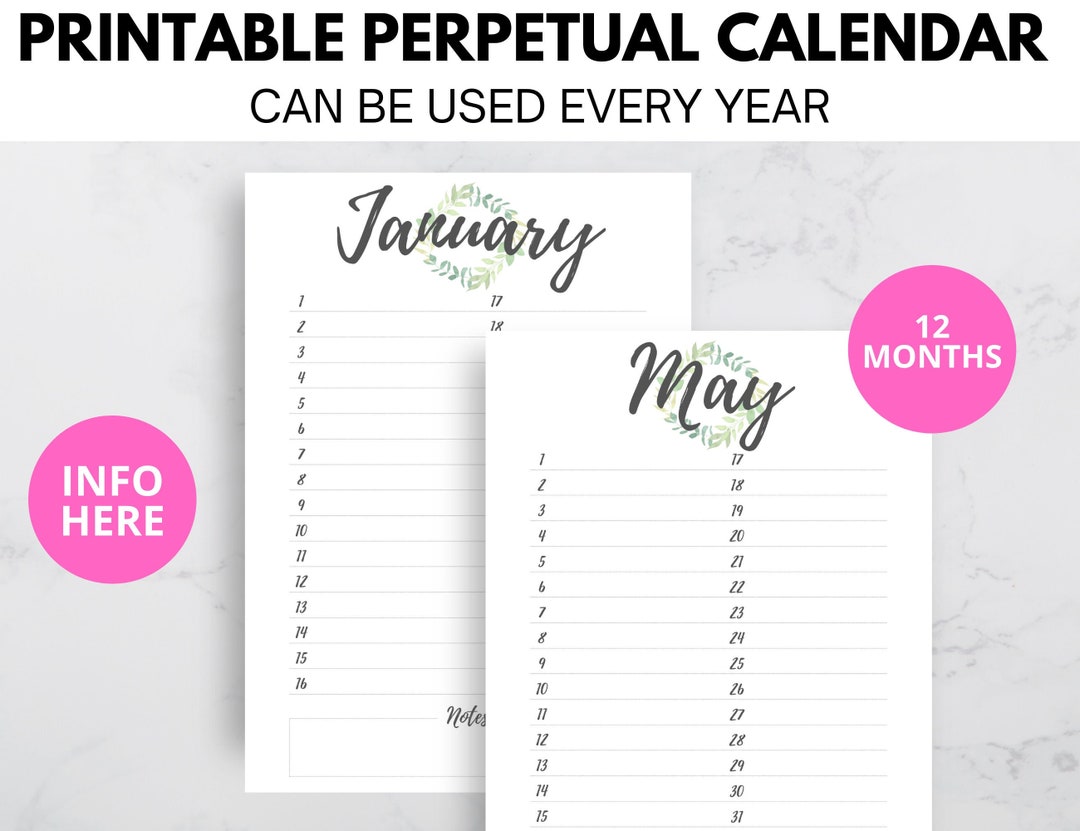 Printable Perpetual Monthly Calendar, Portrait Calendar, Month at a ...