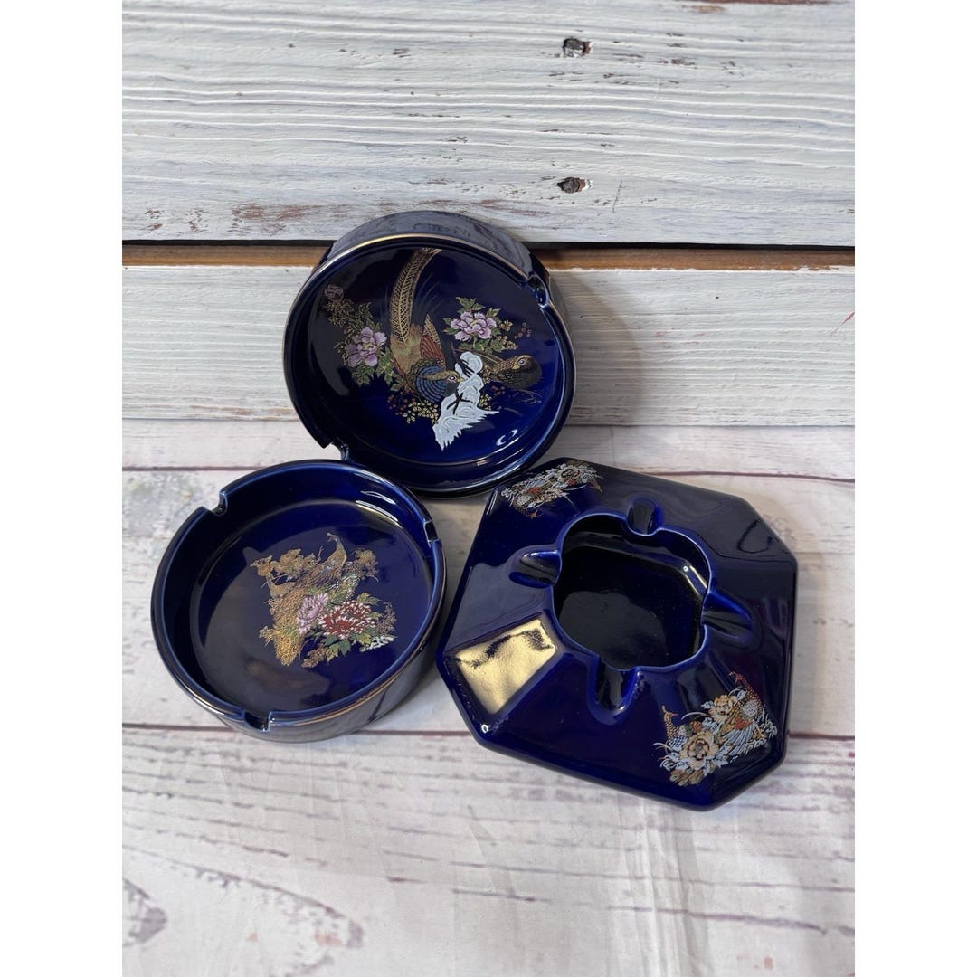 Ash Tray Lot Japanese Cobalt Blue Peacock Ceramic Pheasant Vintage 3 ...