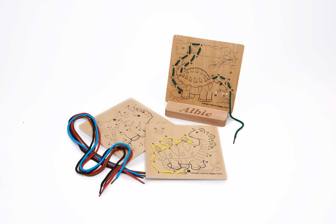 Personalised Wooden Dinosaur Threading Activity, Dinosaur Number Game ...