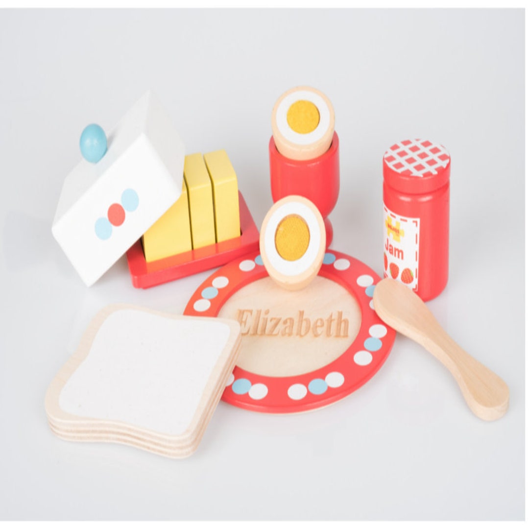 Personalised Wooden Red Breakfast Set, Customised Wooden Play Food ...