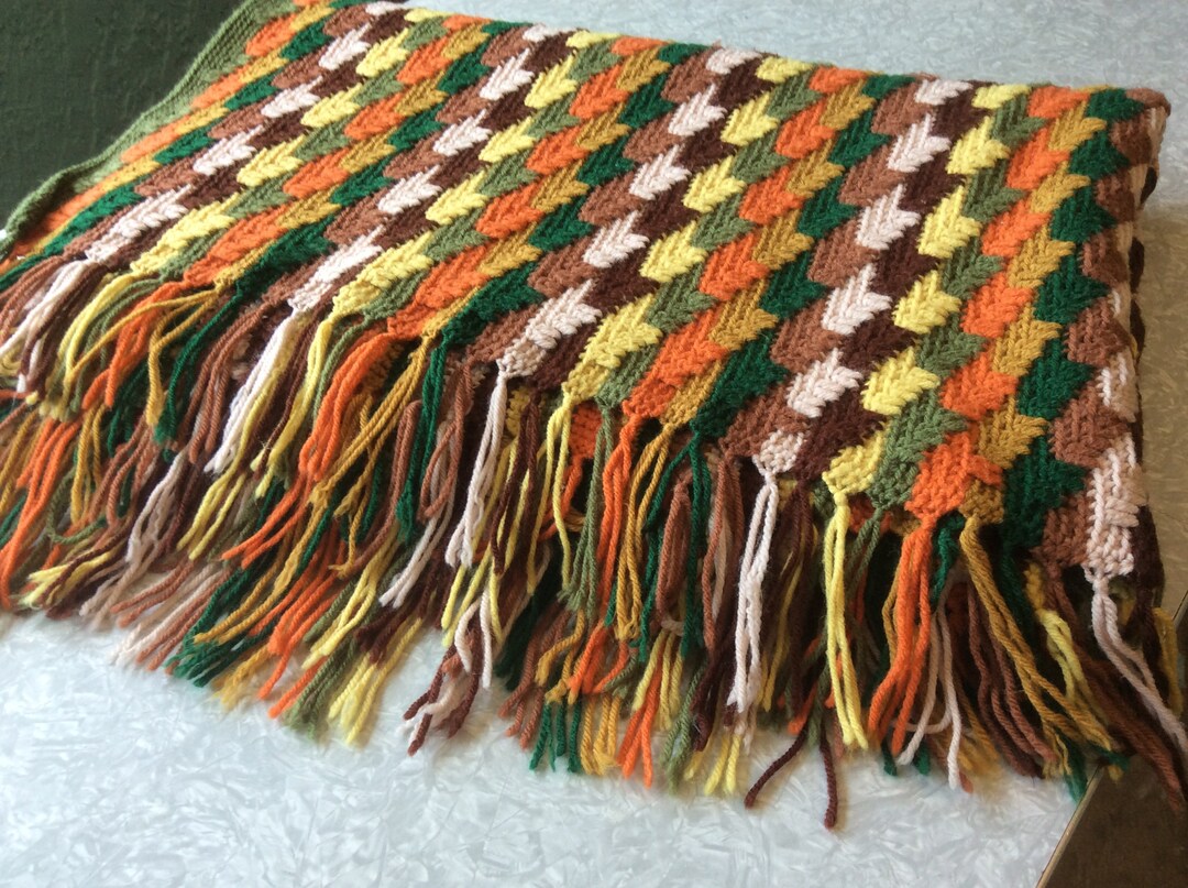 Hand Knitted Two-sided Autumn Colors Afghan With Fringed Ends - 59 X49 ...