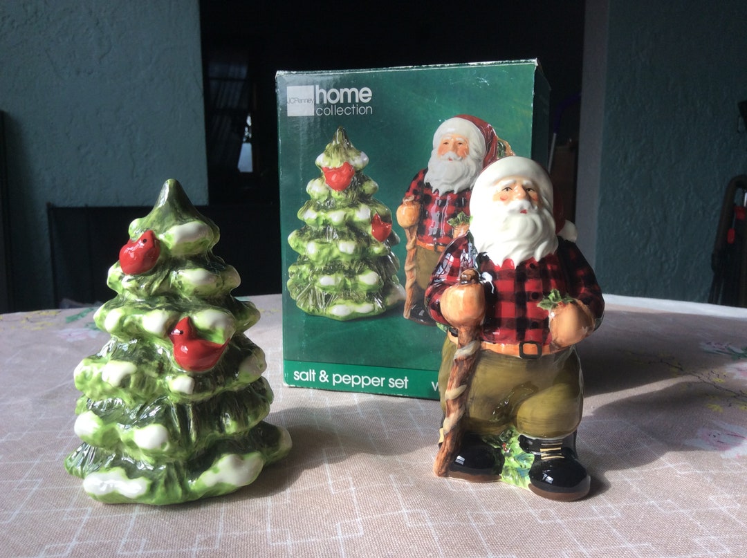 Jcpenney Home Collection Santa/tree Hand Painted Woodland Salt and ...
