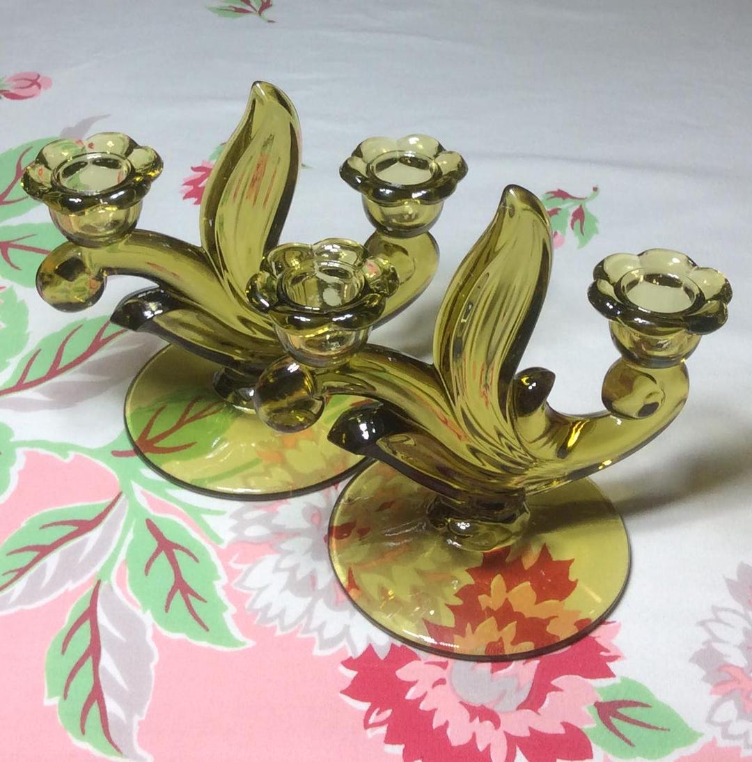 Pair of Duncan & Miller "canterbury" Green Vaseline Glass Double ...