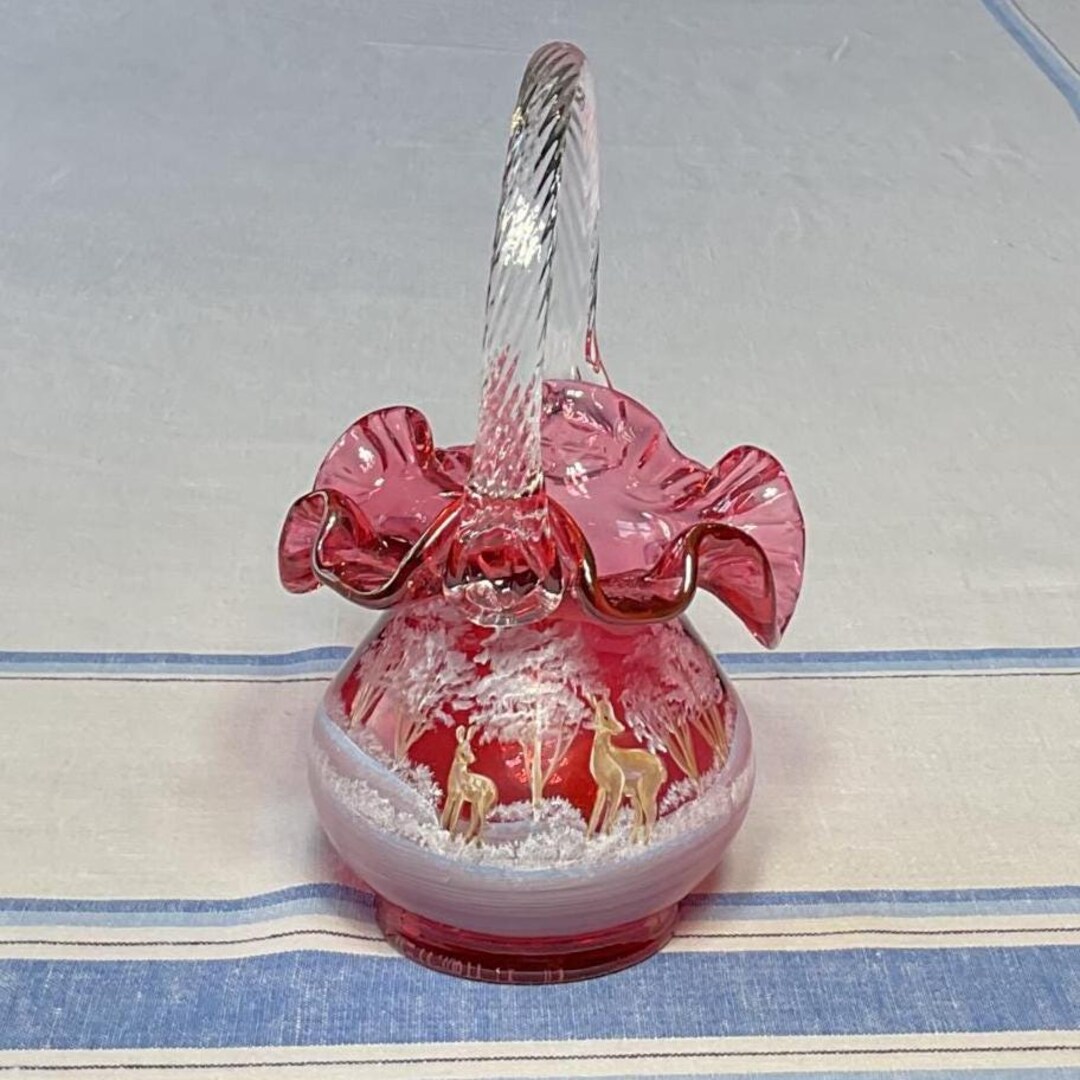 Hand Painted Cranberry Glass Basket: Fenton Limited Edition Signed ...