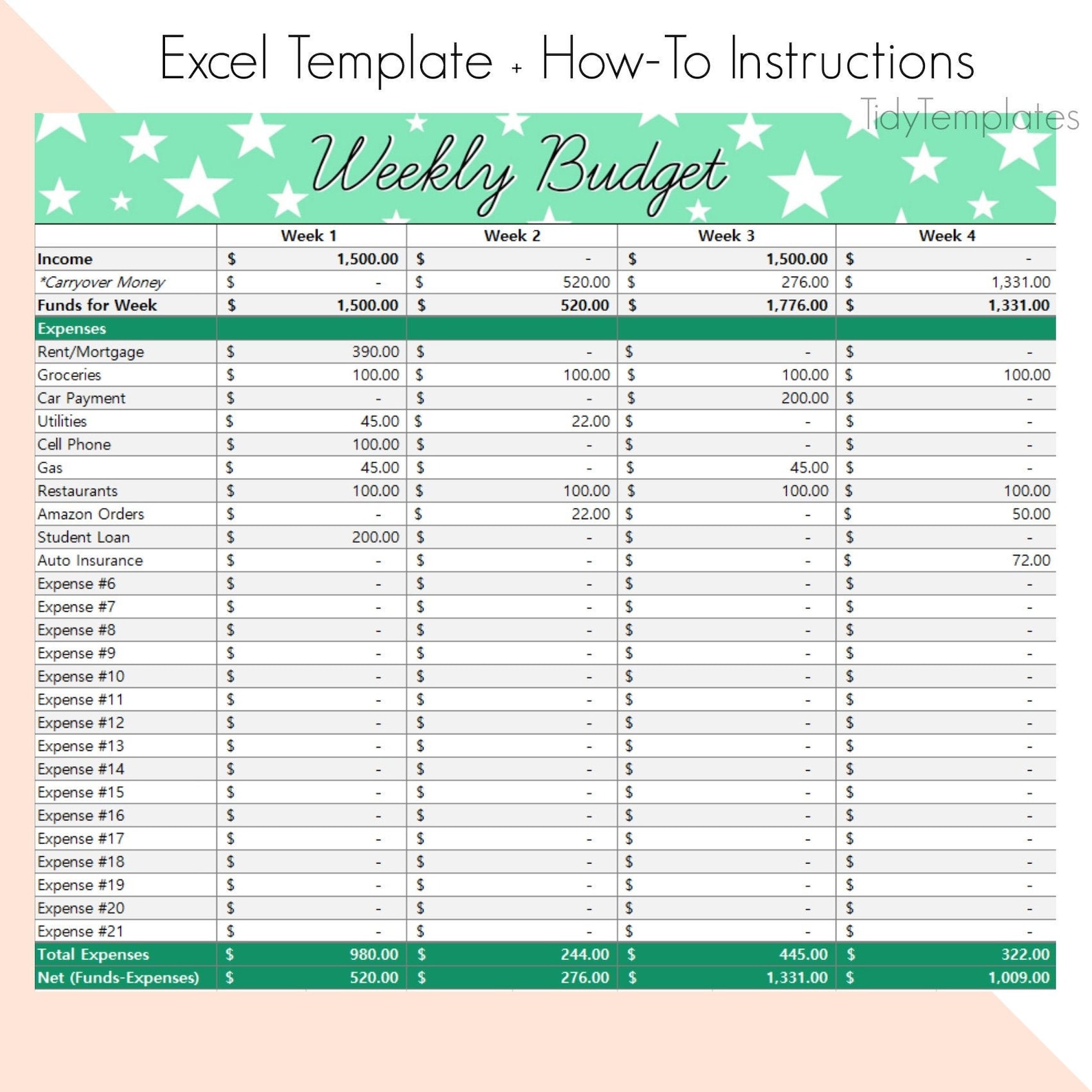 Weekly Budget Template | Weekly Expense Log | Expense Tracker - EXCEL ...