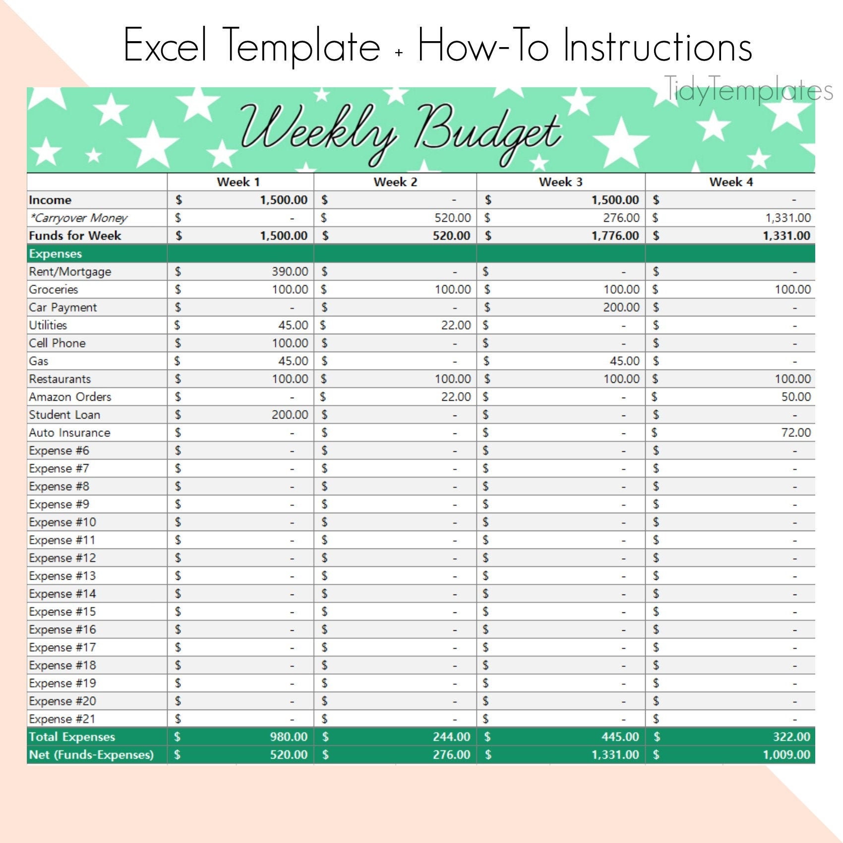Weekly Budget Template | Weekly Expense Log | Expense Tracker - EXCEL ...