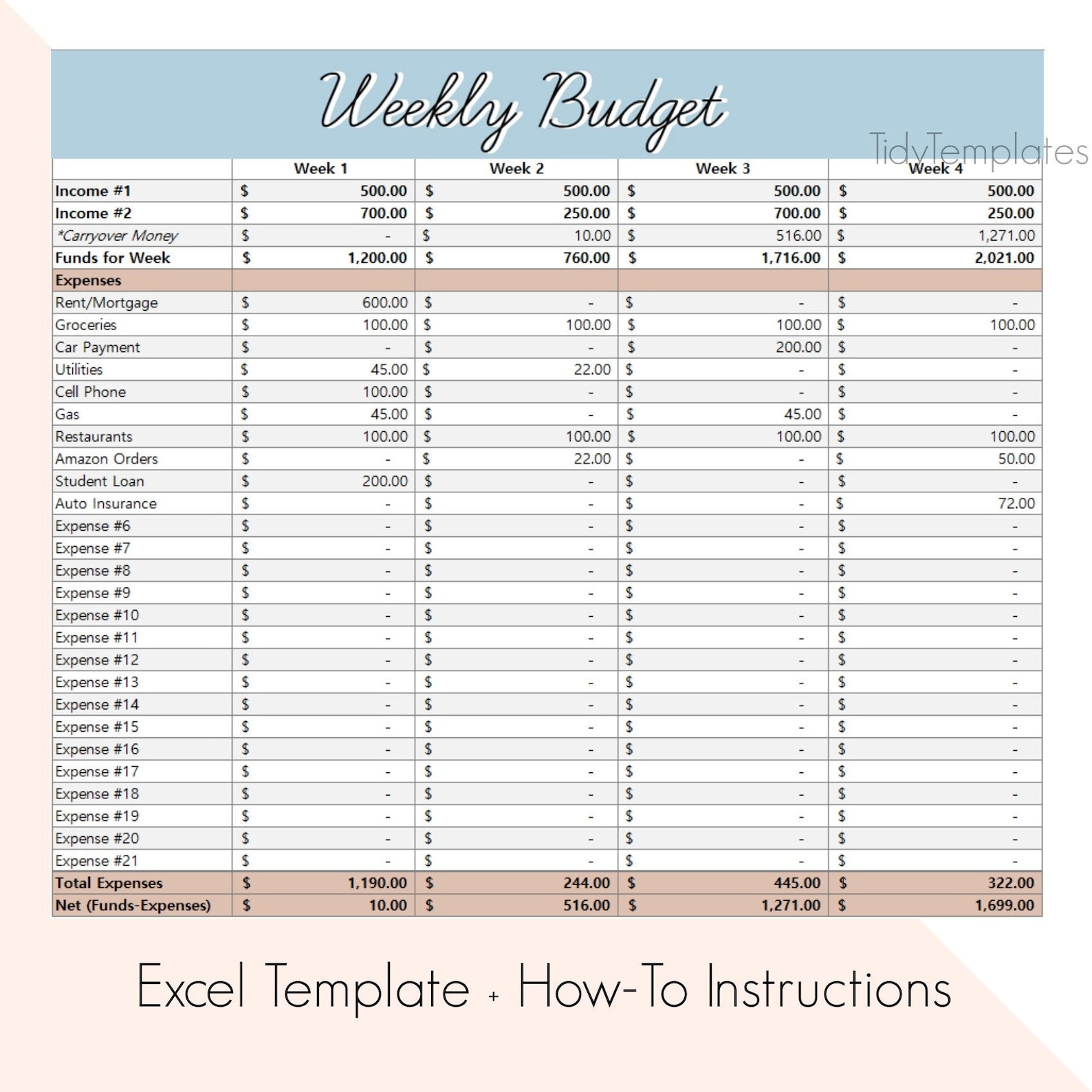 Weekly Budget Template for Two Incomes | Weekly Expense Log | Expense ...
