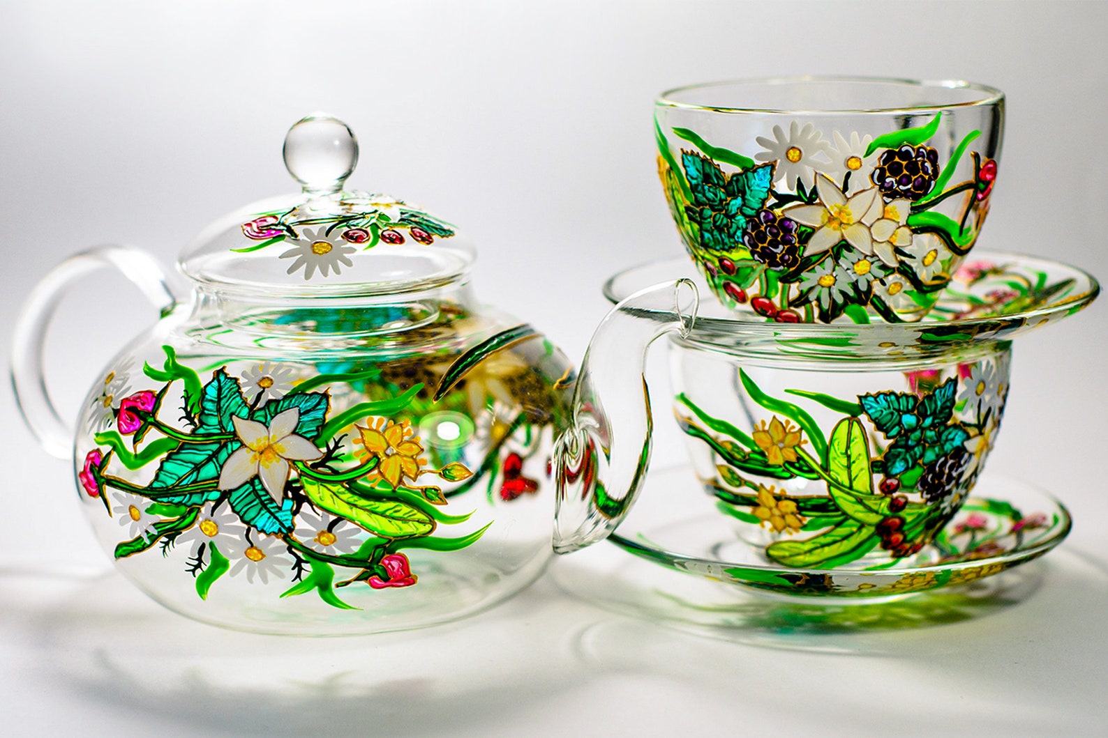 Personalized Tea Set Teapot With Cups and Saucers Botanical - Etsy