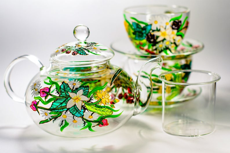 Personalized Tea Set Teapot With Cups and Saucers Botanical - Etsy