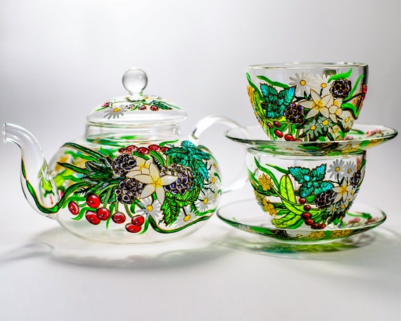 Personalized Tea Set Teapot With Cups and Saucers Botanical - Etsy