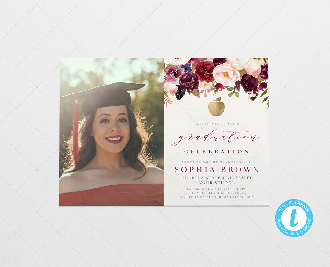 Floral Teacher Graduation Photo Invitation Card, Announcement, Grad ...