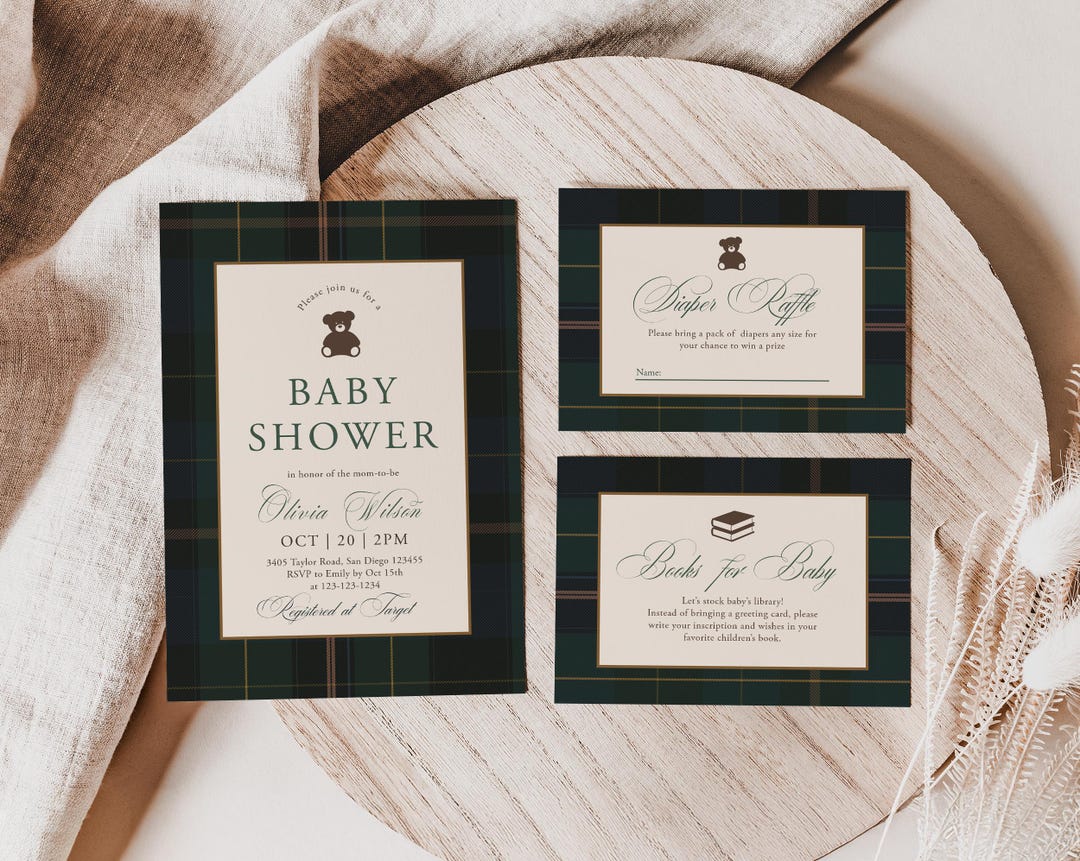 Green Plaid Baby Shower Invitation Bundle, Diaper Raffle, Book Request ...